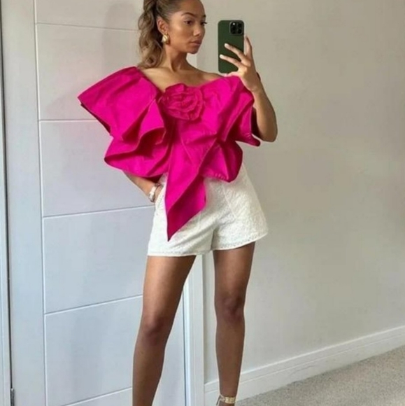 Zara | Tops | Zara Barbie Core Raised Rose Ruffled Pink Voluminous ...